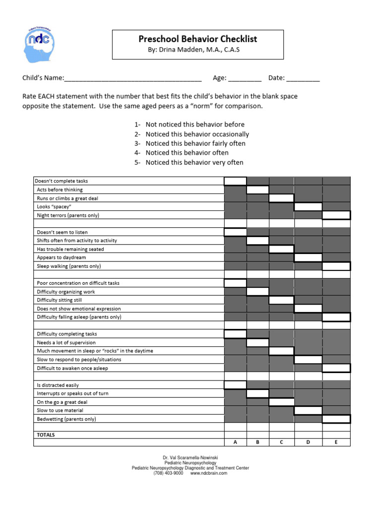 Preschool Behavior Checklist Form | PDF | Wellness