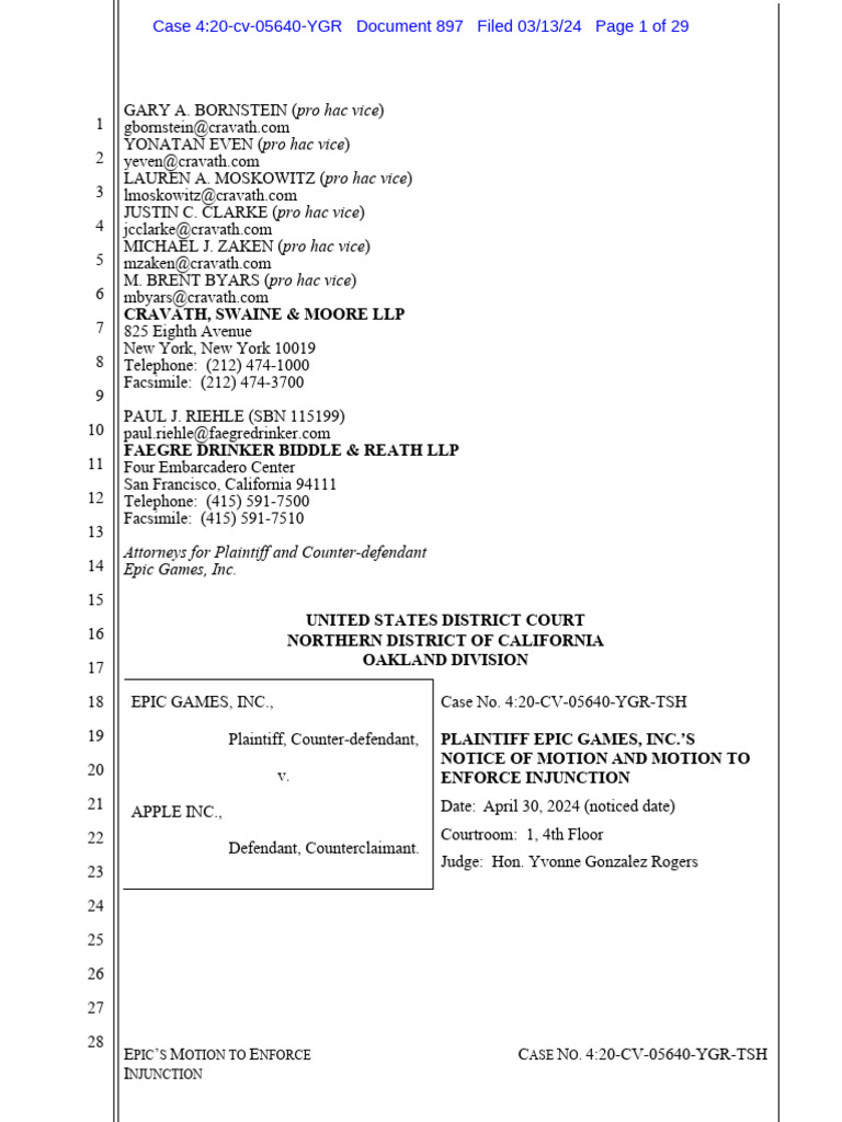 Epic Games v. Apple Motion to Enforce Injunction | PDF | Injunction ...