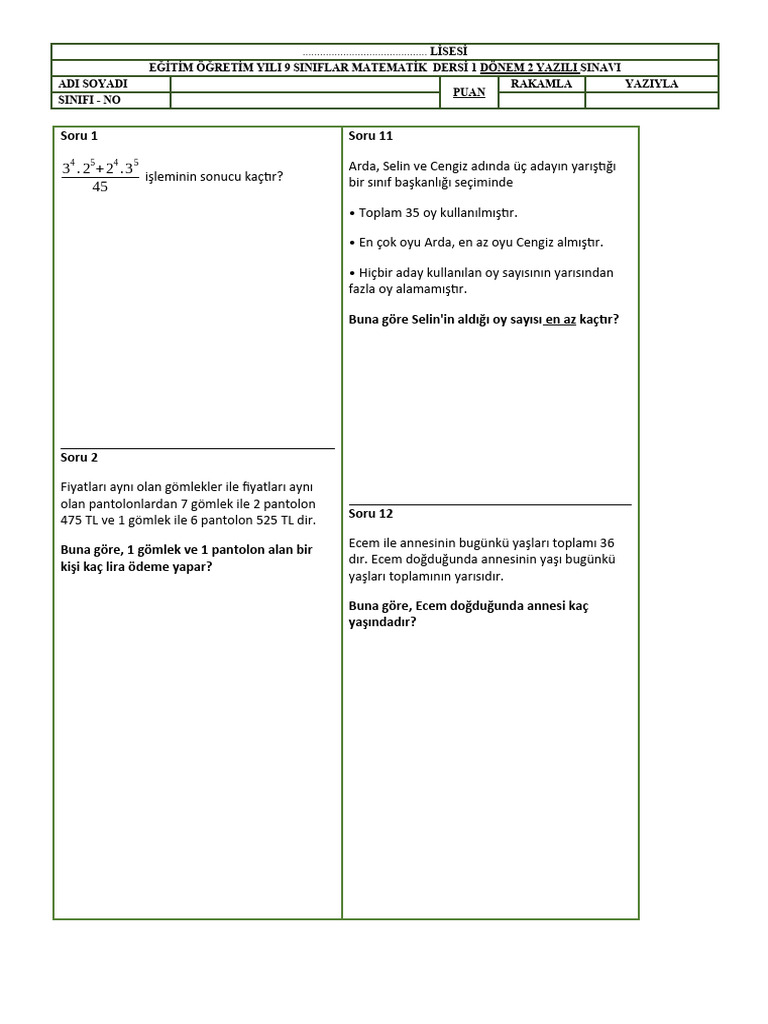 9 Sinif 1 Donem 2 Yazili Matik | PDF