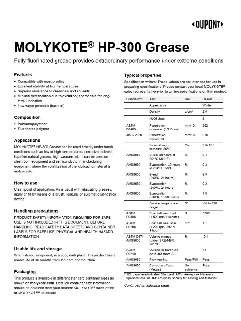 MOLYKOTE - HP-300 - Grease - 80-3103E-01 | PDF | Physical Sciences ...