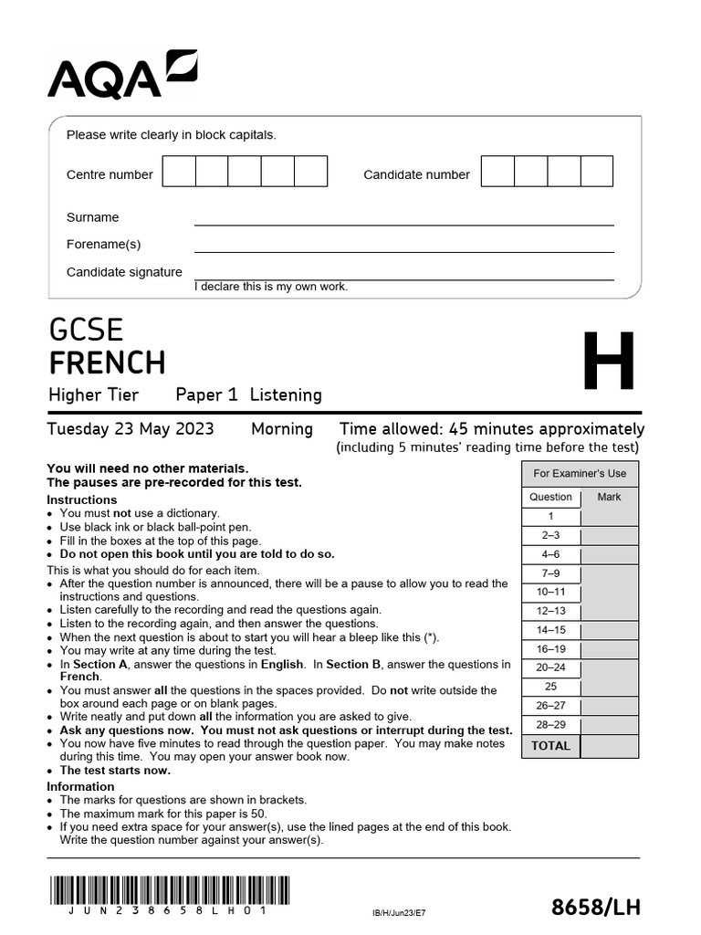 Listening Paper 1 Higher French 2023 | PDF | Restaurants
