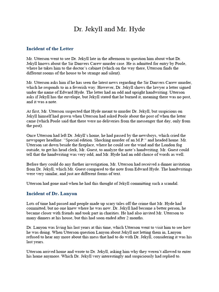 Dr Jekyll And Mr Hyde Chapters 5 And 6 Summary Download Free Pdf Dr