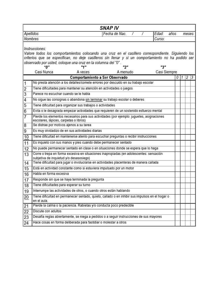 Entrevista Evaluación Trastorno TDAH-SNAP-IV PDF | PDF | Desorden ...