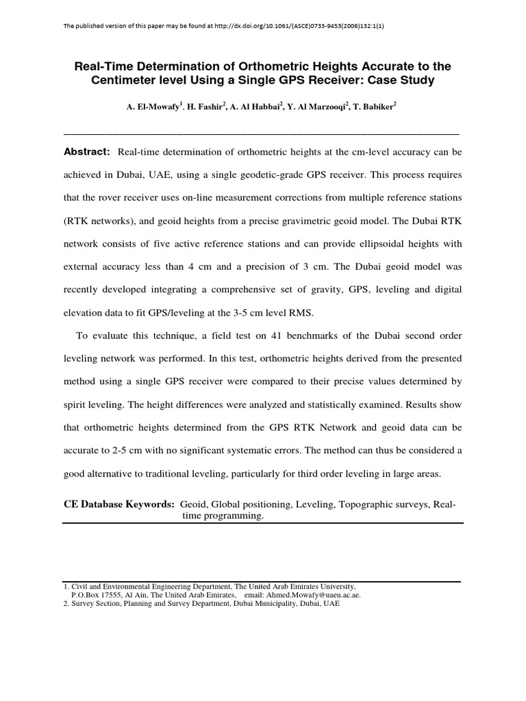 Real-Time Determination of Orthometric Heights Accurate To The Centimeter Level Using A Single ...