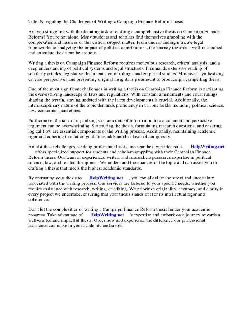 Campaign Finance Reform Thesis | PDF | Federal Election Campaign Act ...