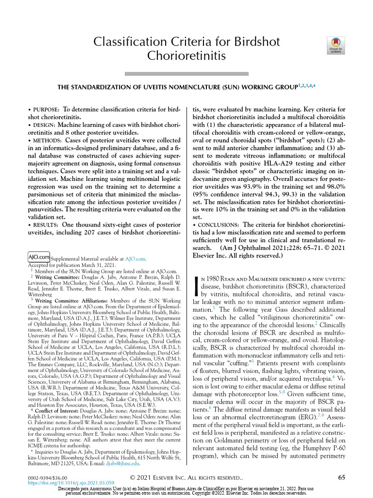 Classification Criteria For Birdshot Chorioretinitis | PDF | Medical ...