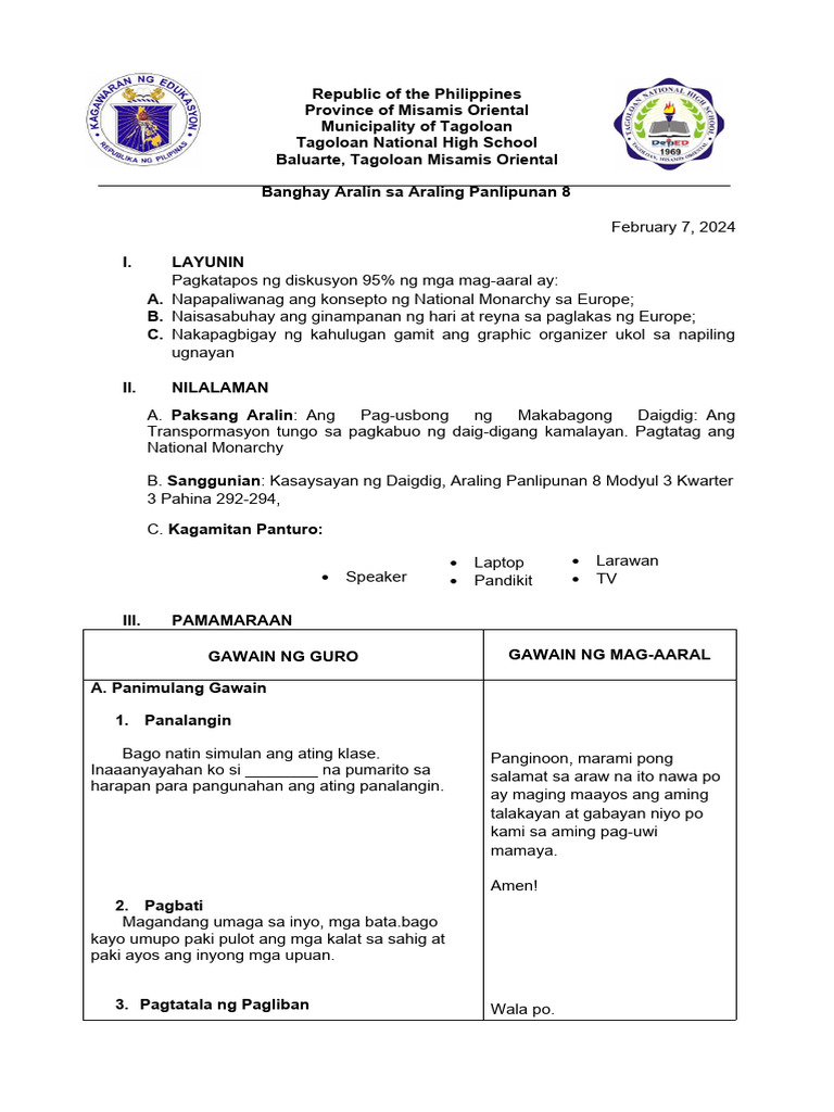 G8 Lesson Plan Monarkiya | PDF