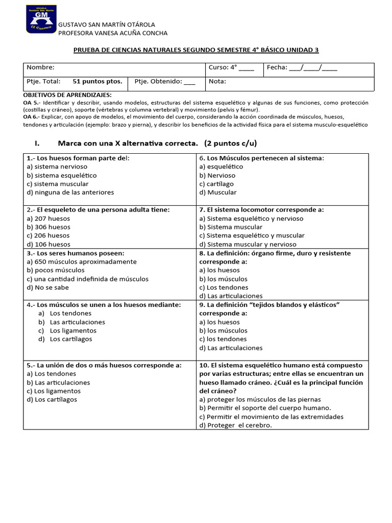 Prueba Sistema Locomotor 4° Básico. | PDF | Esqueleto | Articulación