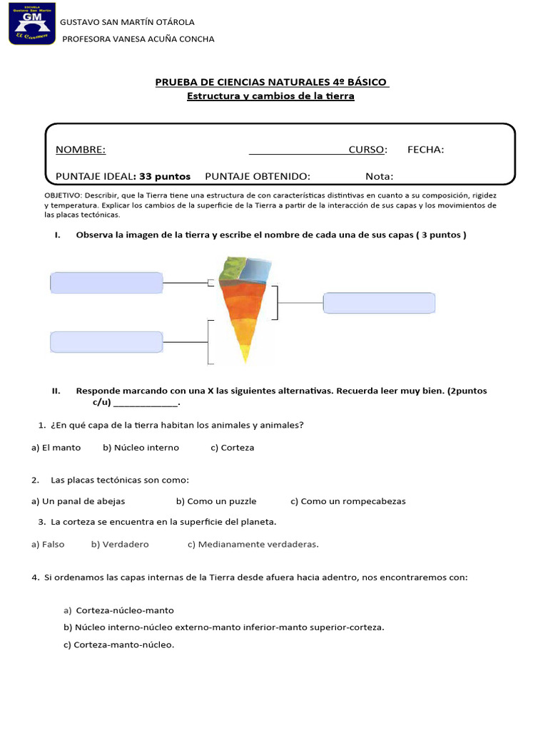 Prueba 4º Ciencias Naturales Capaz de La Tierra | PDF | Temblores | Tierra