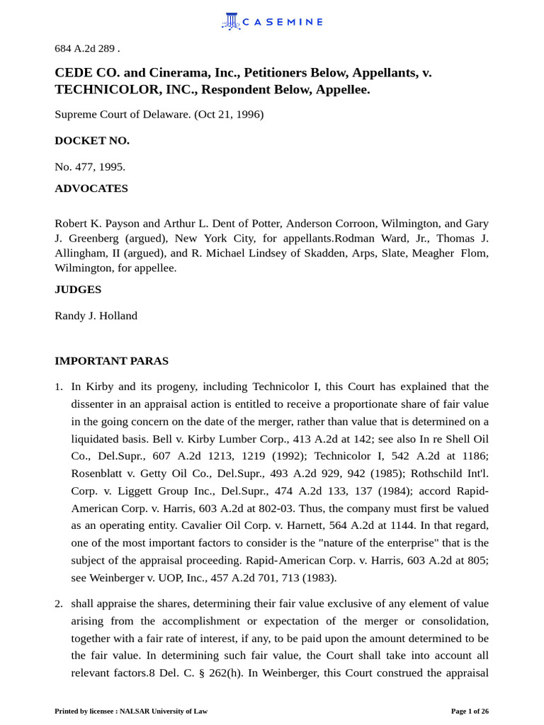 CASEMINE - CEDE CO. v. TECHNICOLOR, INC | PDF | Mergers And ...