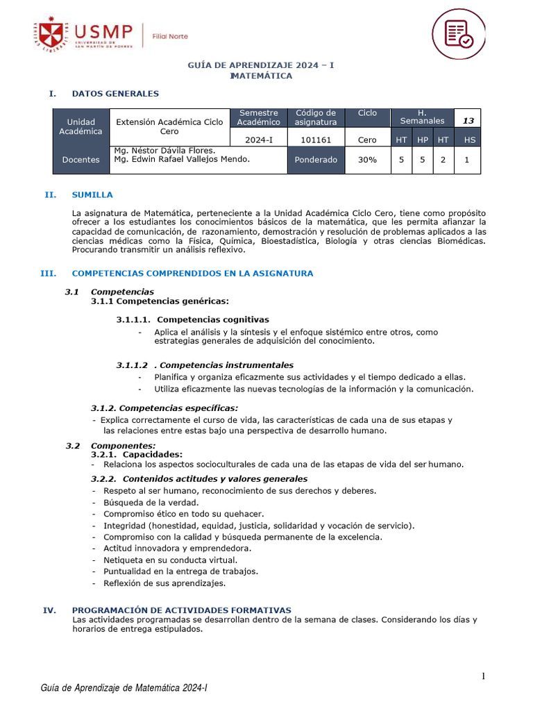 Guia_de_Aprendizaje_ Matemática 2024 I | PDF | Evaluación | Aprendizaje