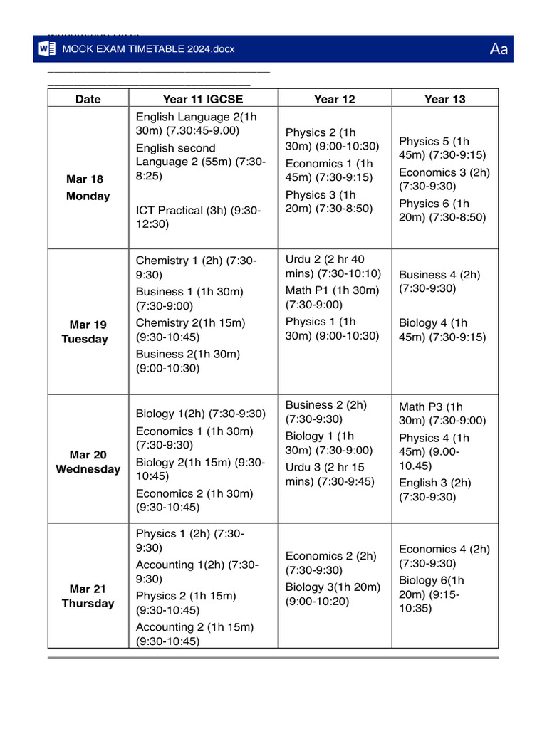 Mock Exam Timetable 2024 | PDF