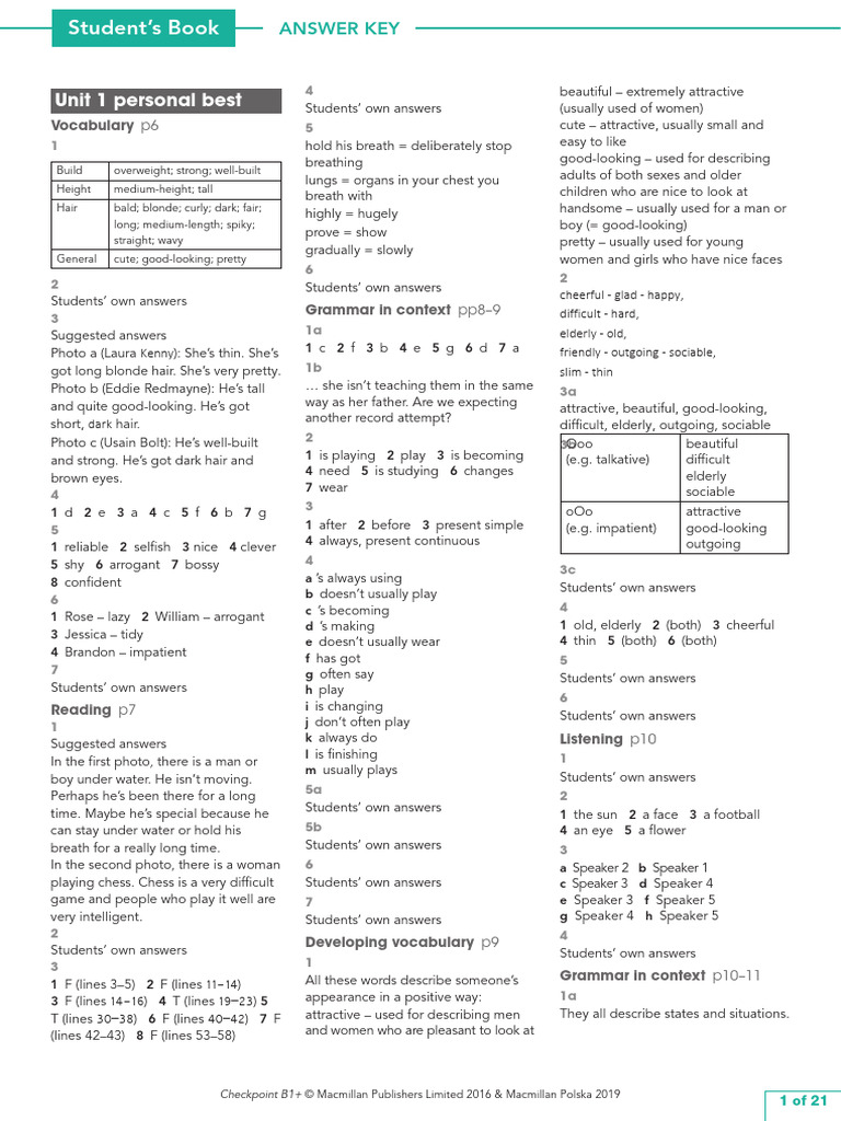 Checkpoint B1 SB Answer Key | PDF