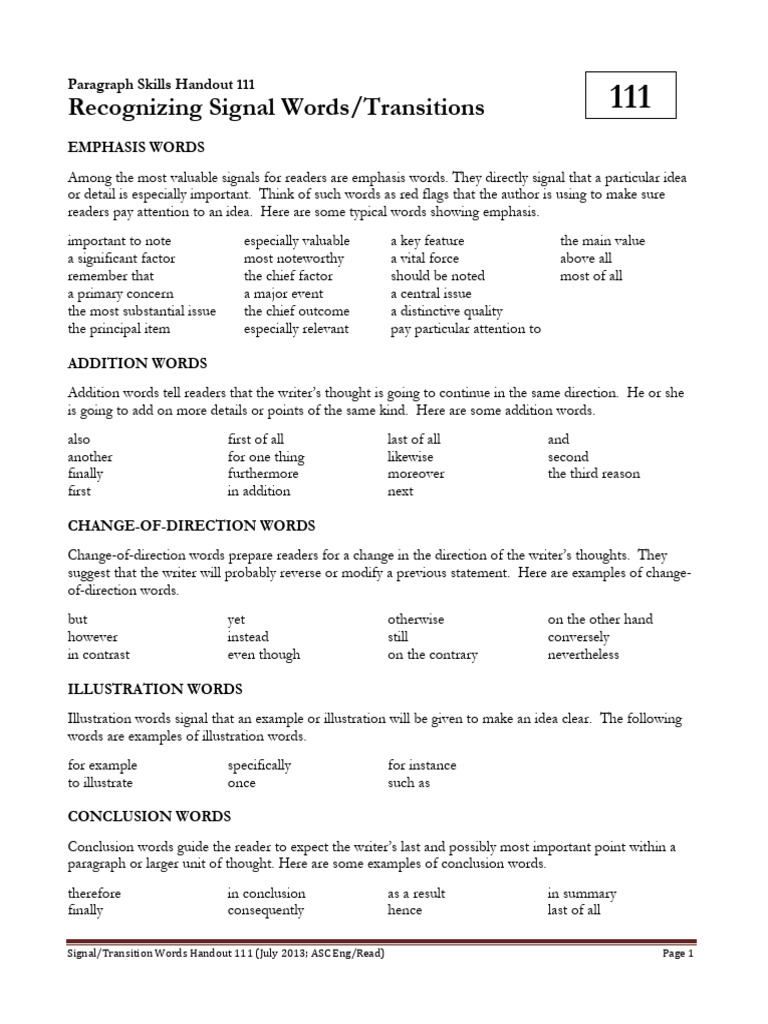 111_recognizing_signal_transition_words | PDF | Thought | Reason