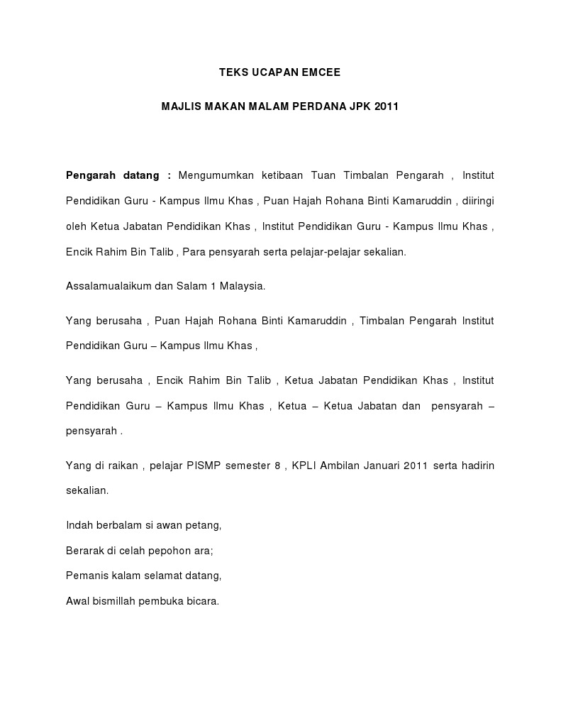 Contoh Teks Ucapan Emcee Annual Dinner Jabatan Pendidikan Khas | PDF