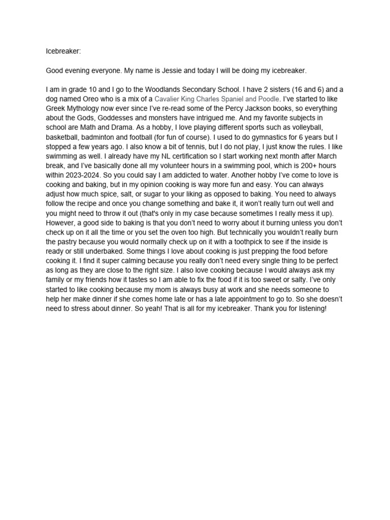 Grade 10 Student Icebreaker Speech | PDF