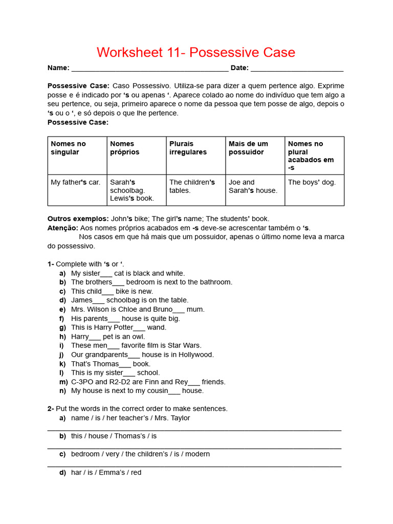 Worksheet 11 - Possessive Case | PDF