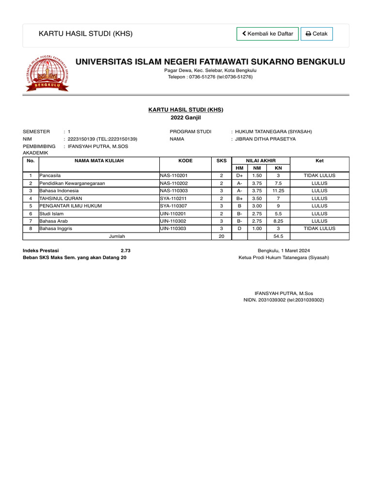 Kartu Hasil Studi (KHS) 1 | PDF