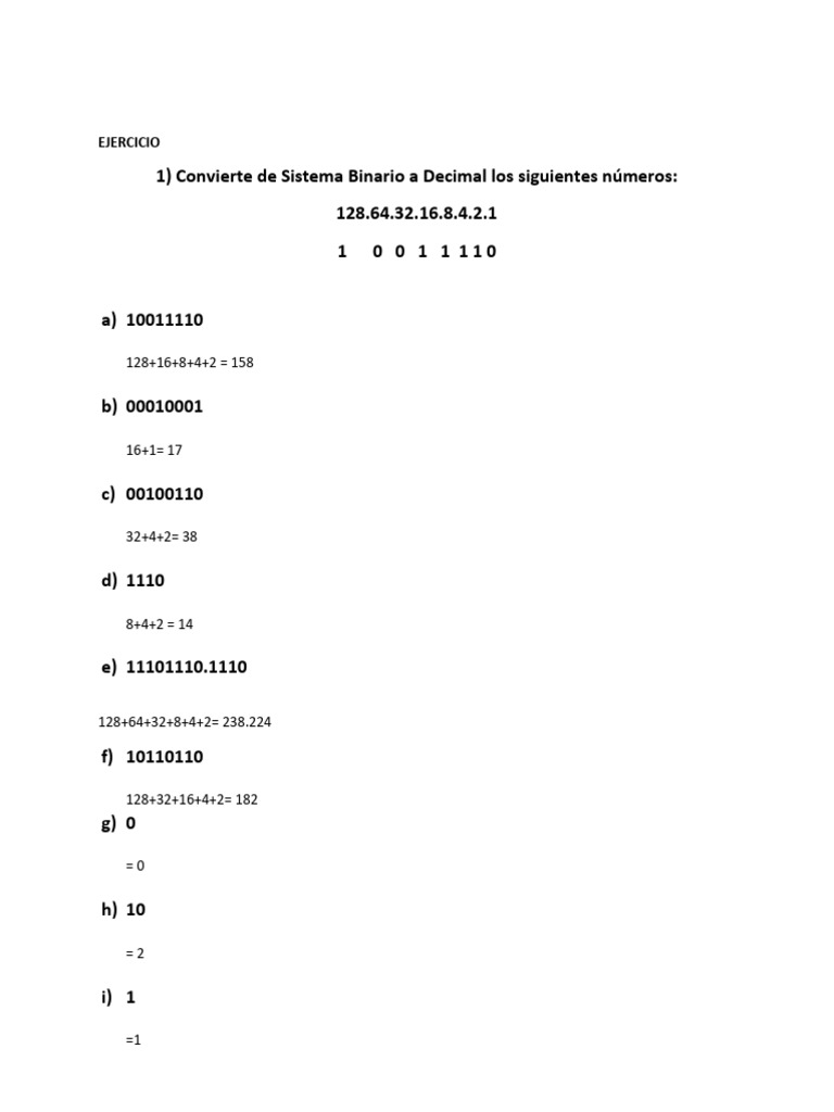 Ejercicios de Conversion Binario A Decimal y Viceversa | PDF