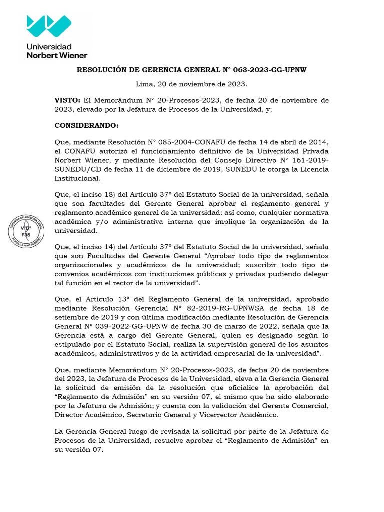 Resolucion - GG - 063-2023 - Reglamento Admisión Wiener | PDF ...