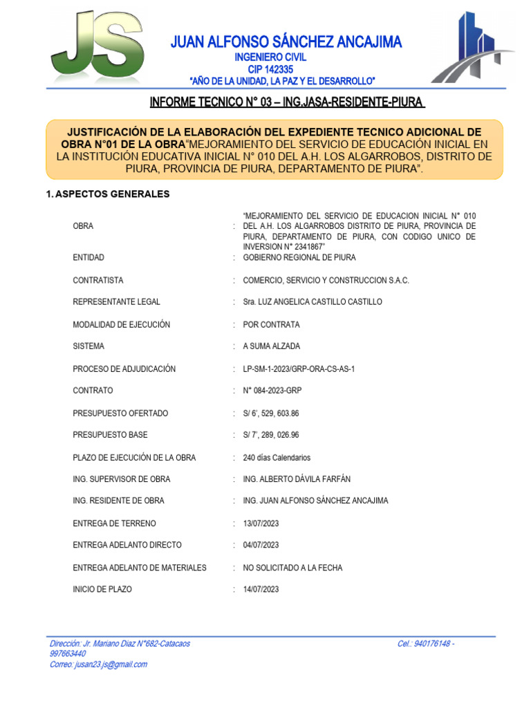 Informe Tecnico #03 Justificacion de Exp-Adicional 01 | PDF | Presupuesto | Regulación
