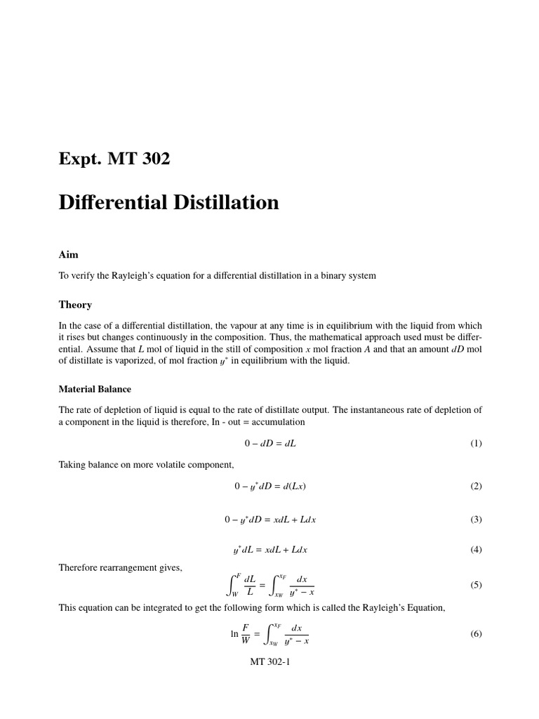 Expt MT 302 Differential Distillation | PDF | Distillation | Analytical ...