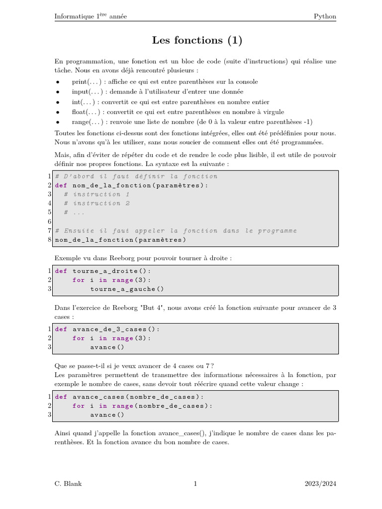 Fonctions Python en 1ère année | PDF | Structure de contrôle | Python ...