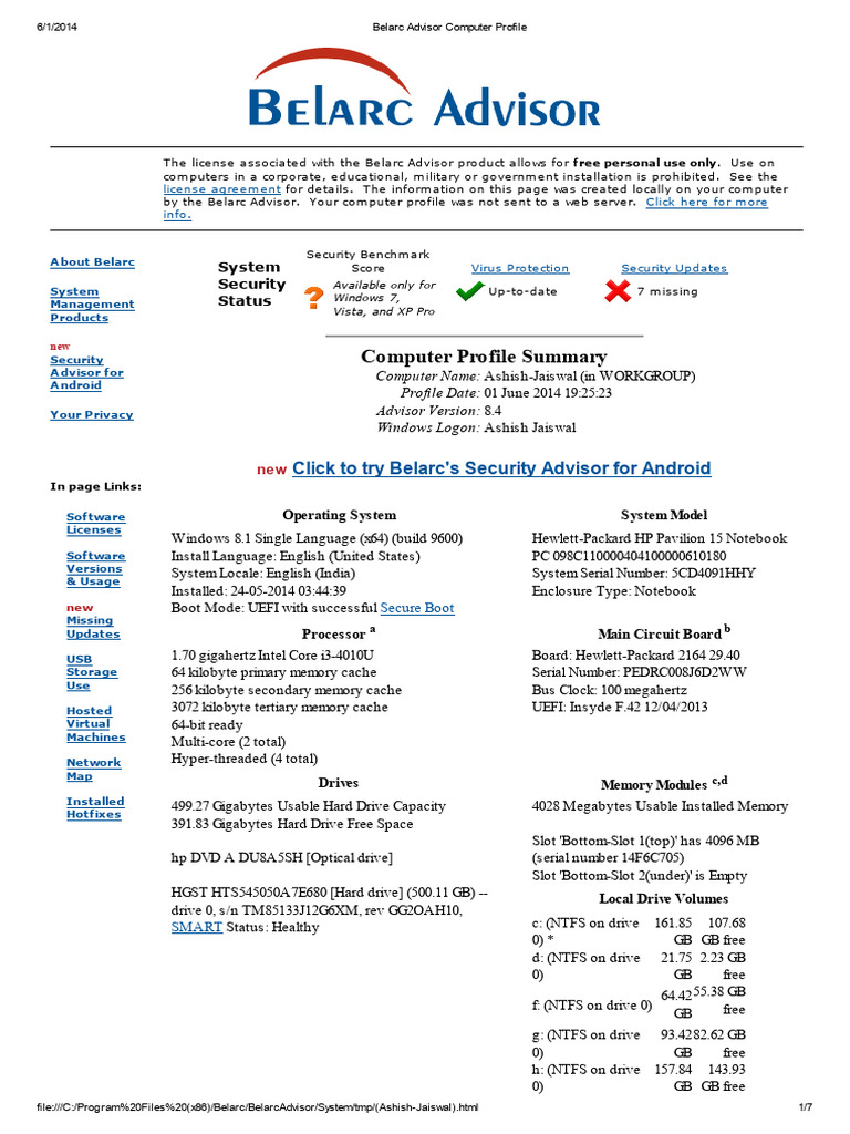 Belarc Advisor Computer Profile | PDF | Usb | Microsoft Windows
