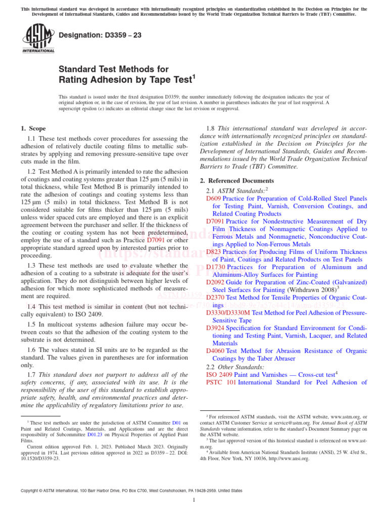 ASTM D 3359-23 Rating Adhesion by Tape Test (X-Cut) | Download Free PDF ...