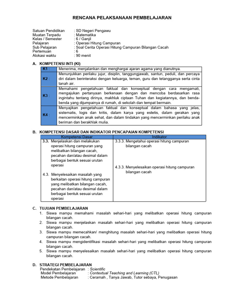 RPP Menyelesaikan Operasi Hitung Campuran Bil. Cacah | PDF | Komputer