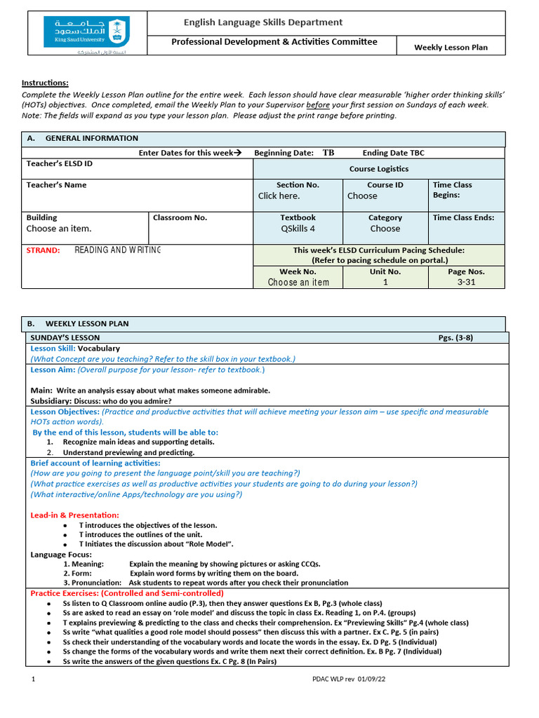 QSkills Book 4 Unit 1 R&W | PDF | Lesson Plan | Vocabulary