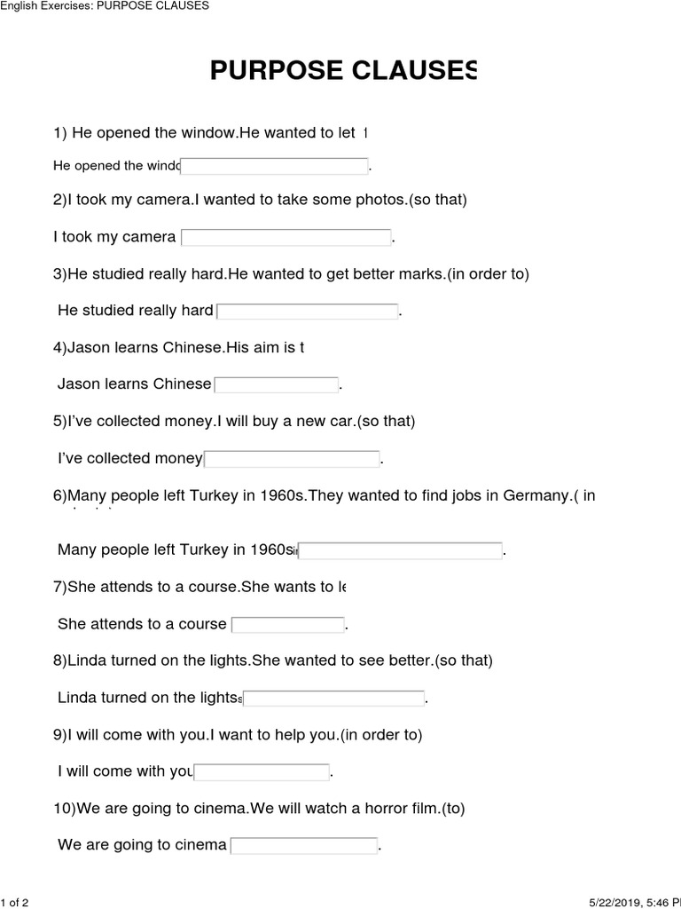 English Exercises PURPOSE CLAUSES Key PDF | PDF | Games & Activities ...