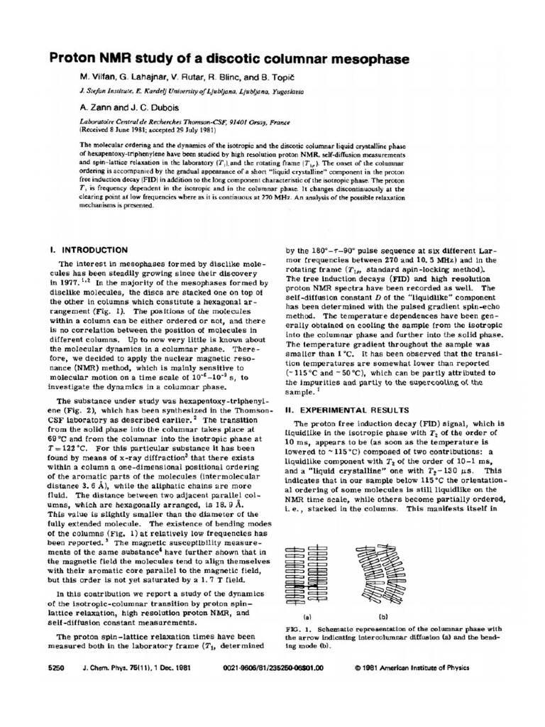 1981 - Proton NMR Study of A Discotic Columnar Mesophase | PDF