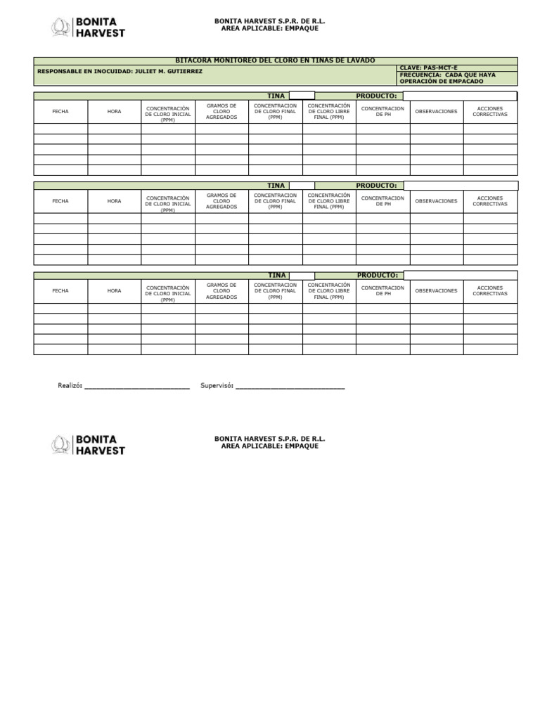 Bitacora Monitoreo de Cloro en Tinas | PDF | Química | Química analítica
