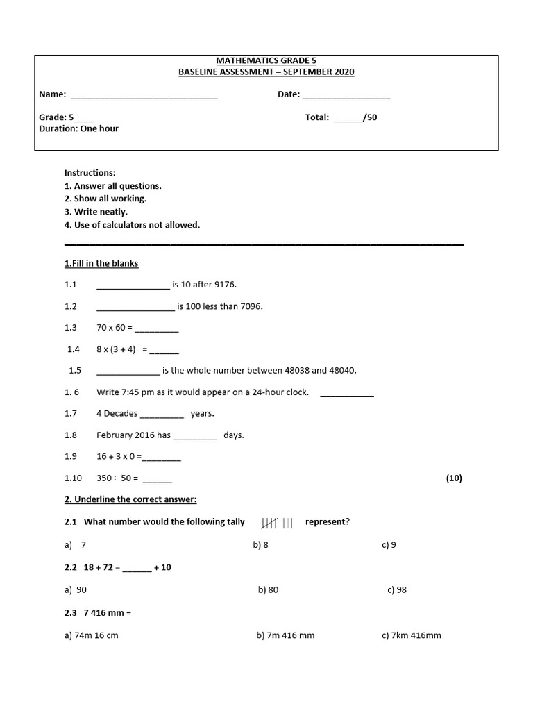 Grade 5 Math Baseline Test 2020 | PDF | Mathematics