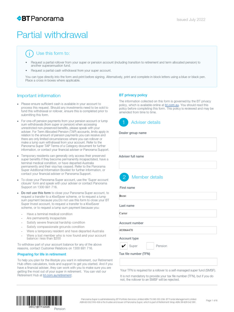 BT Panorama Super Withdrawal Form | PDF | Pension | Identity Document