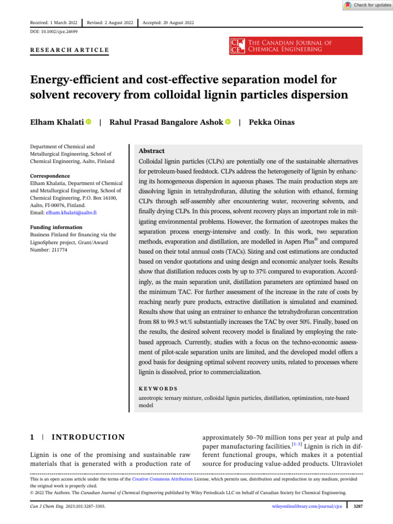 Can J Chem Eng - 2022 - Khalati - Energy Efficient and Cost Effective Separation Model For ...