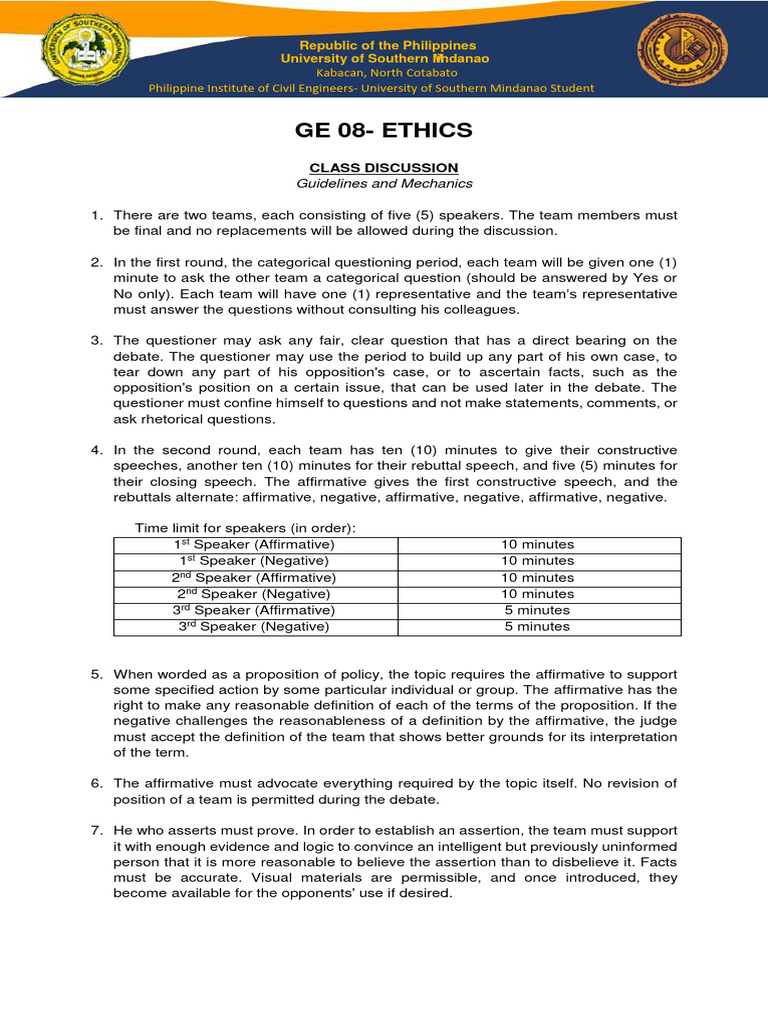 Ethics Debate Guidelines and Mechanics | PDF | Question | Logic
