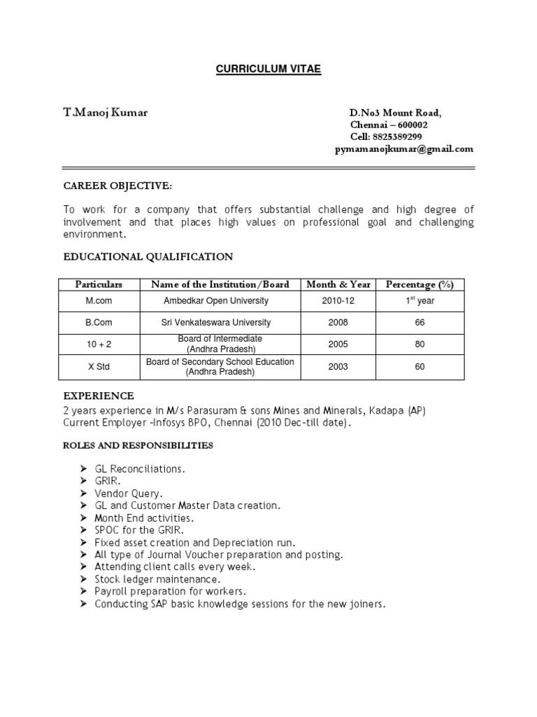 T.Manoj Kumar: Curriculum Vitae | PDF | Business