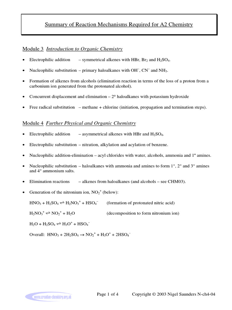 Summary of Reaction Mechanisms Required For A2 Chemistry: Module 3 Introduction To Organic ...