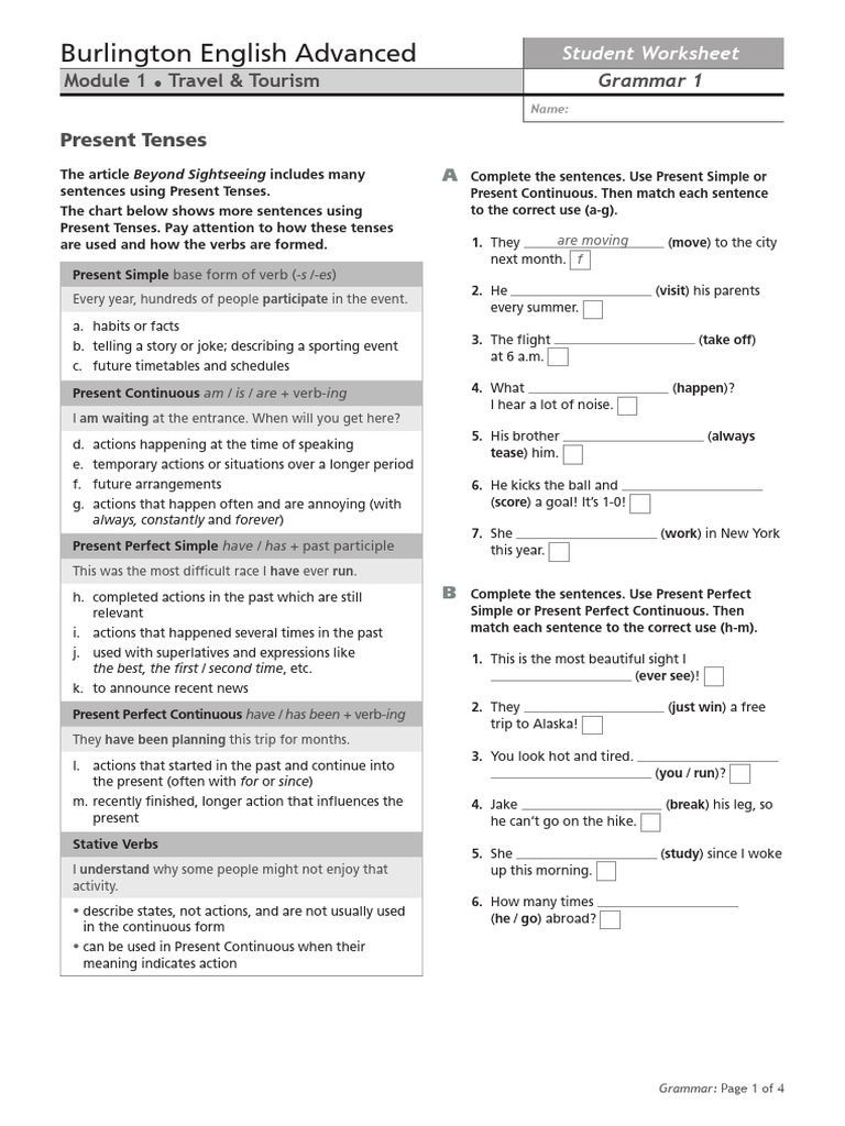 Present Tenses & Prepositions Worksheet | PDF | Grammatical Tense ...