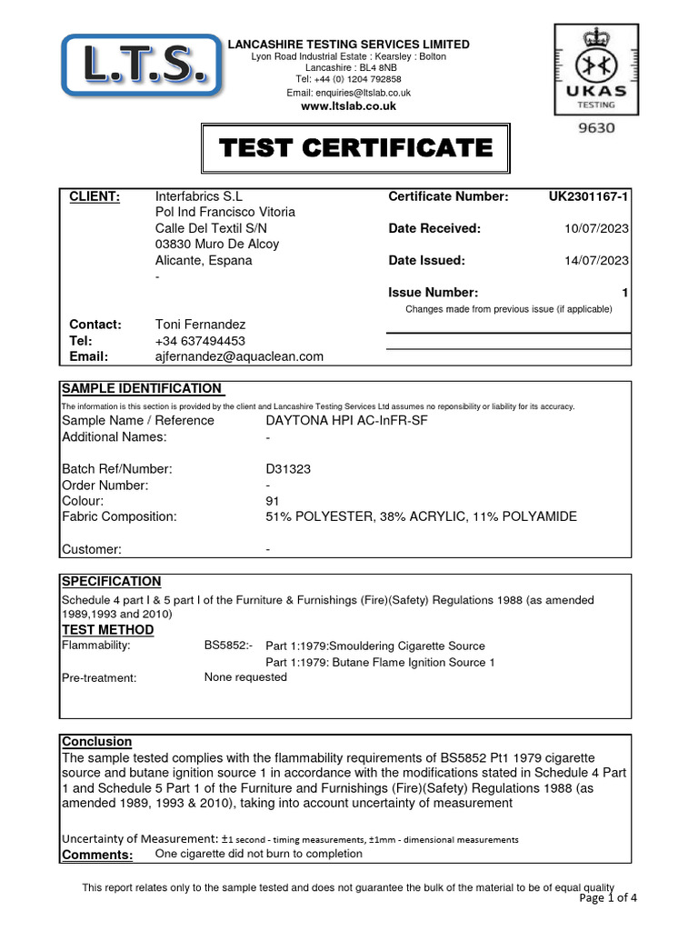 Flammability Test Certificate for Upholstery | PDF