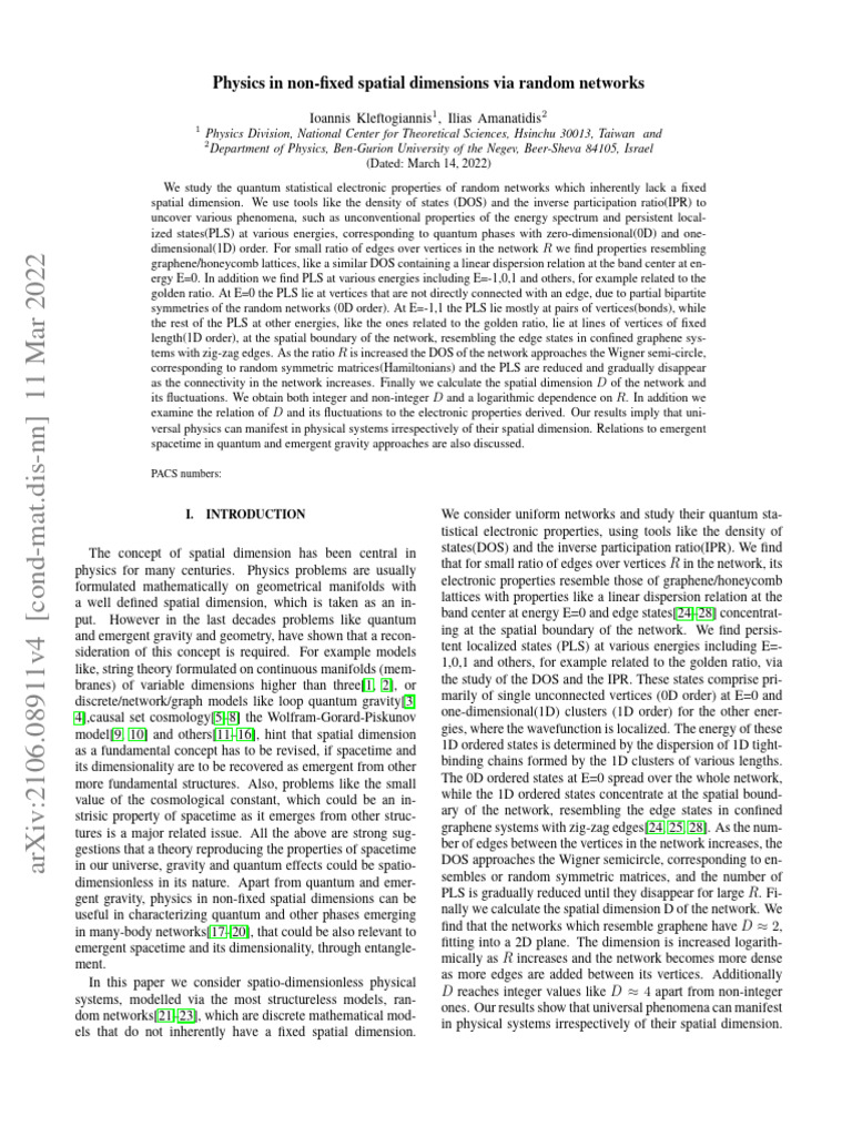 Physics In Non Fixed Spatial Dimensions Via Random Networks PDF
