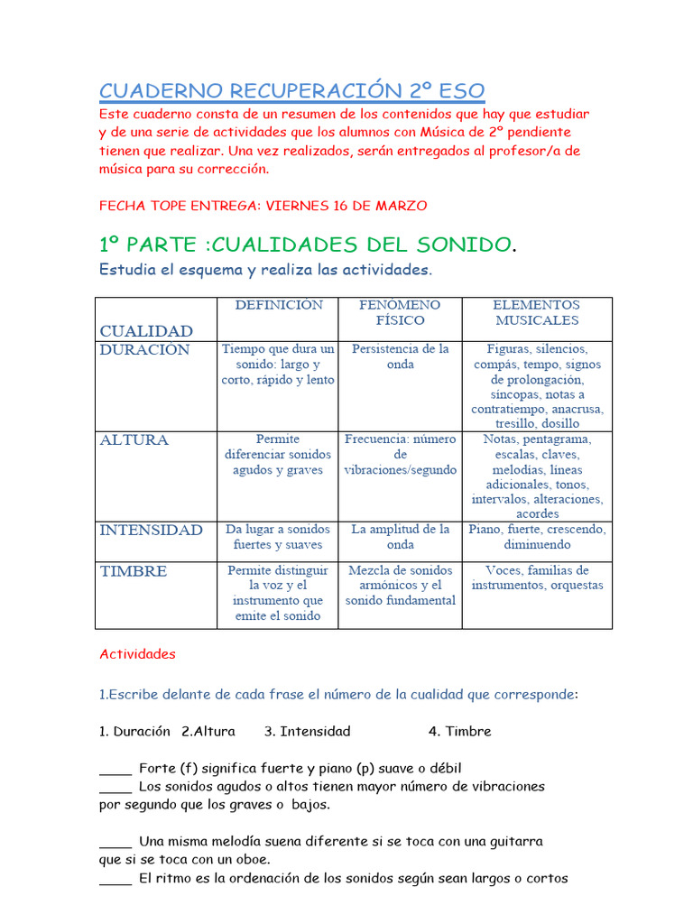 Cuadernillo Recuperación Música 2º ESO 2022-23 | PDF | Sonido | Periodo Clásico (Música)
