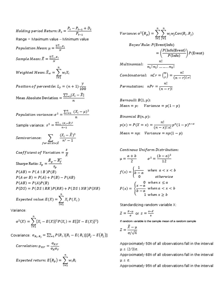 课本附录 (二) - 公式表 Formula Sheet - final | PDF | Statistical Theory ...