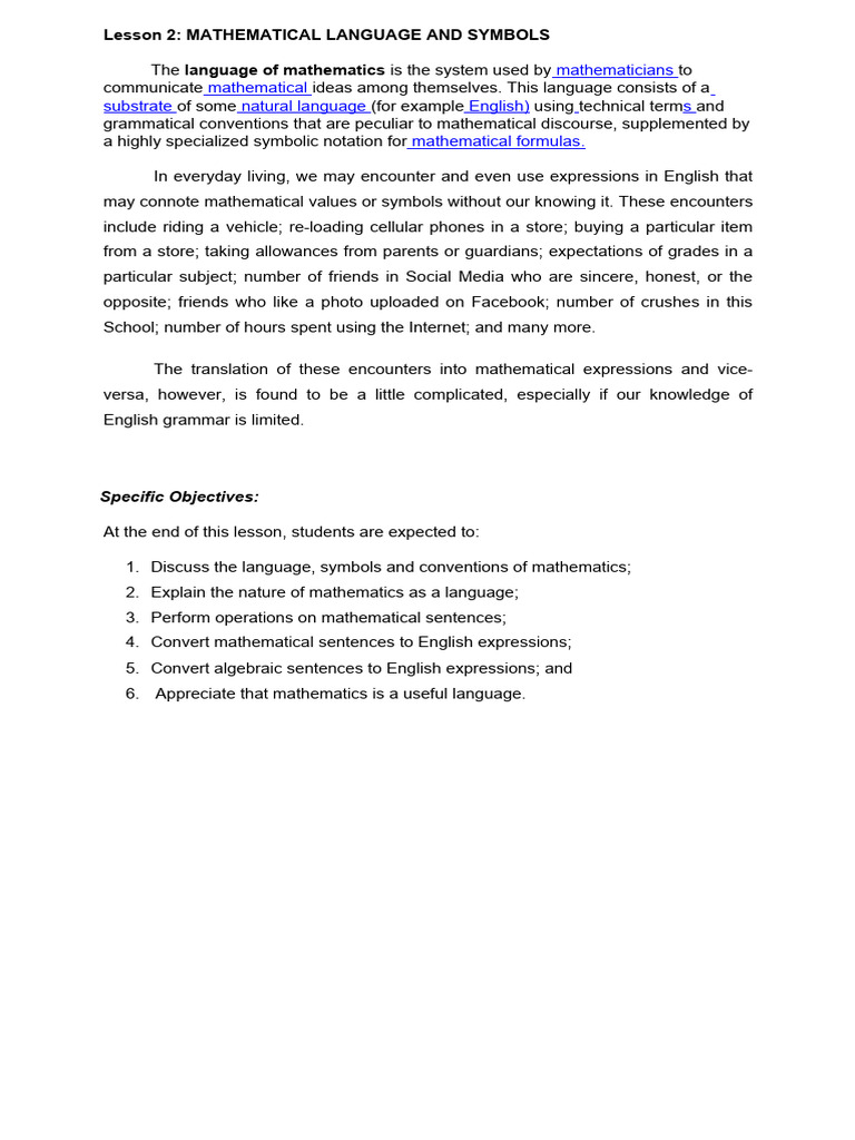 Lesson 2 Mathl Language and Symbols | PDF | Mathematics | Numbers