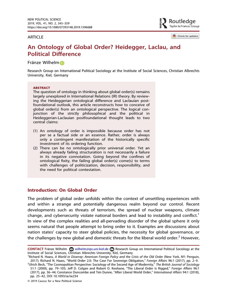 Wilhelm 2019 Ontology of Global Order | PDF | Martin Heidegger | Ontology