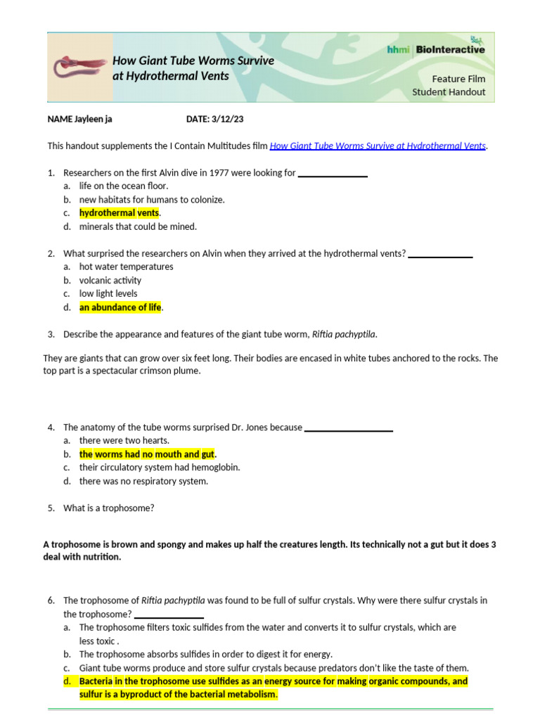 Giant Tube Worms and Chemosynthesis | PDF | Hydrothermal Vent | Biology
