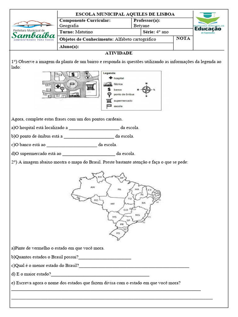 Atividade de geografia 4 ano | PDF