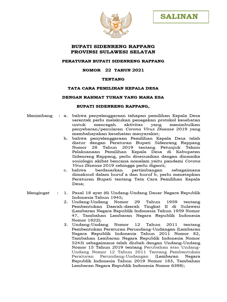 Perbup Nomor 22 Tahun 2021 Tentang Tata Cara Pemilihan Kepala Desa | PDF